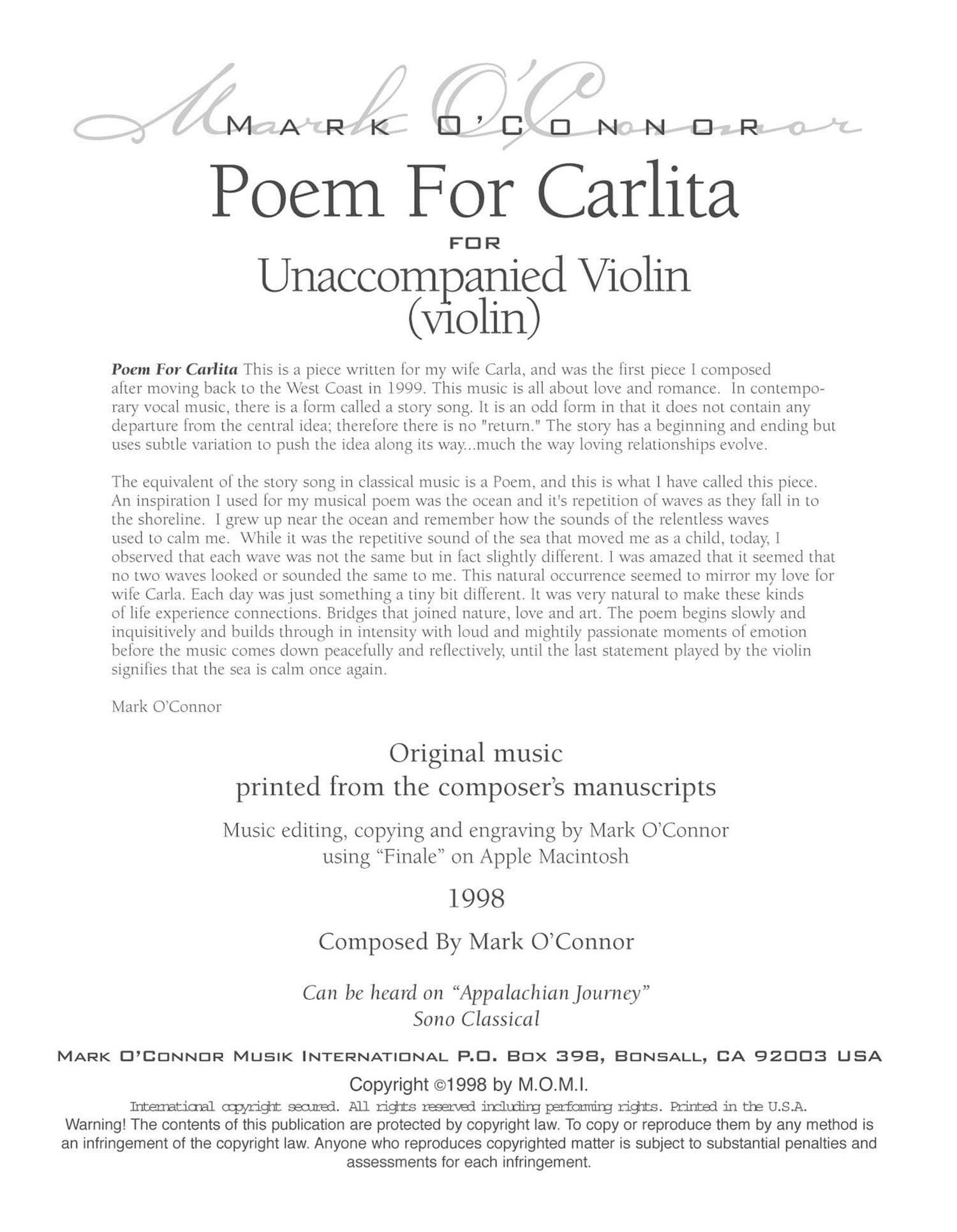O'Connor Mark Poem: Carlita Unaccompanied Violin Digital Download eCommerce