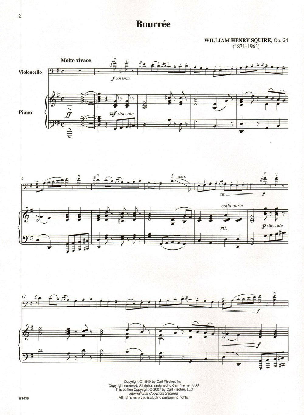 Solo Cello Sheet Music: Squire Bouree Op 24 for Cello & Piano