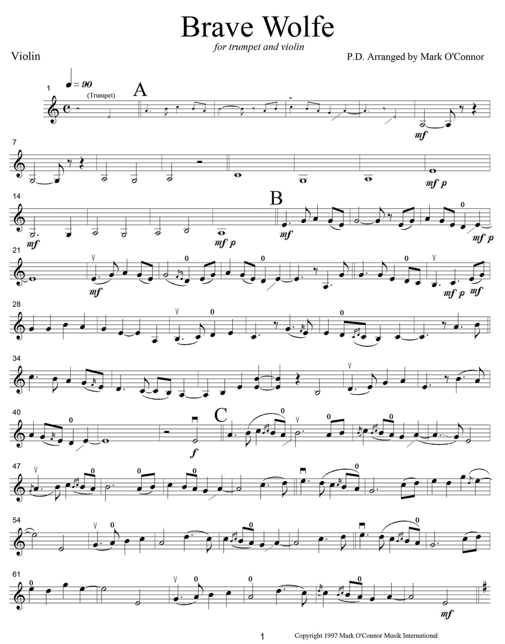 O'Connor, Mark - Brave Wolfe for Trumpet and Violin - Violin - Digital