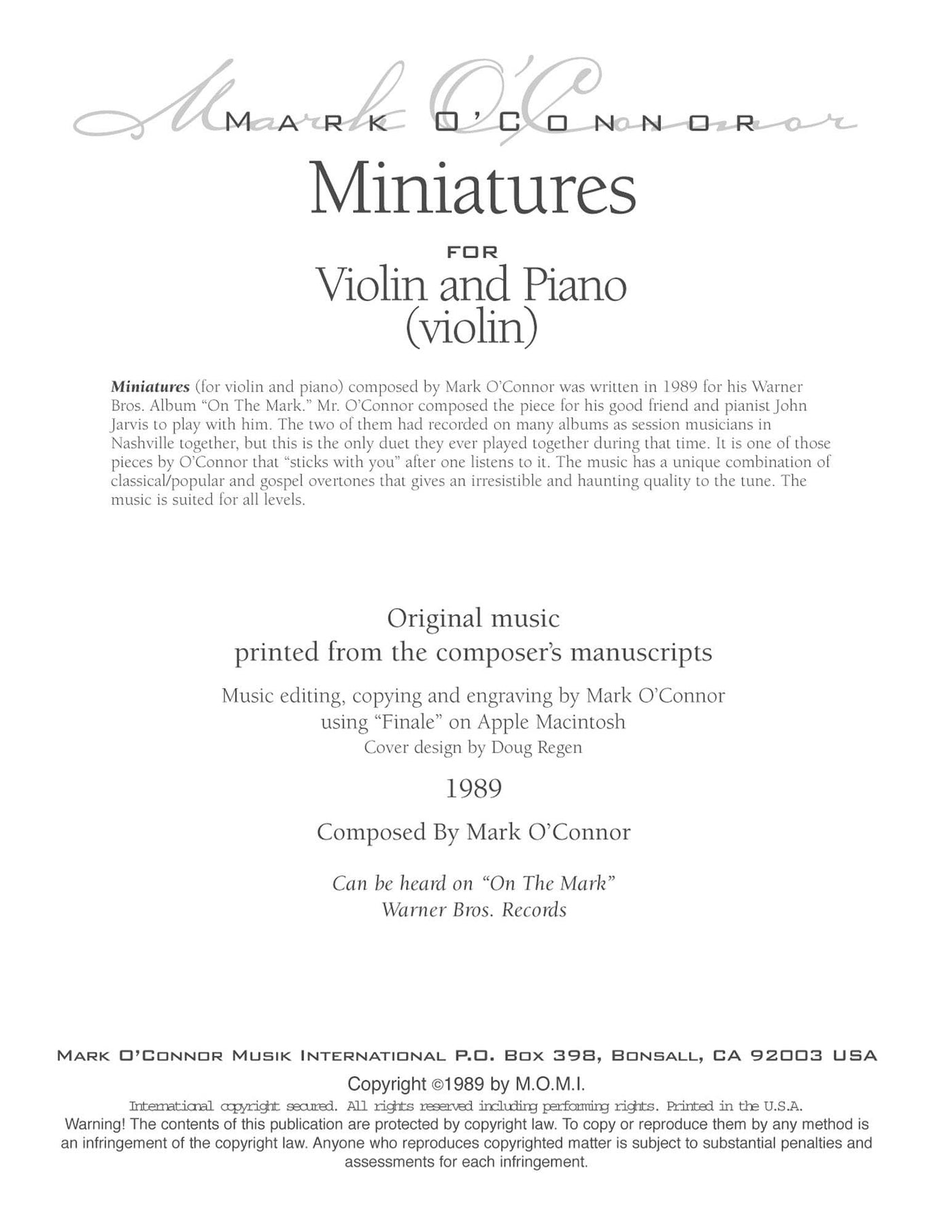 OConnor Mark Miniatures: Violin & Piano - Digital Download - eCommerce